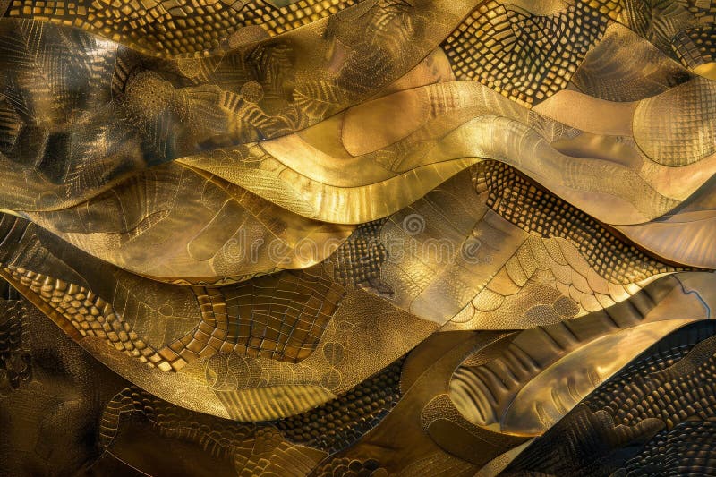 Detailed Close Up of Metallic Gold Leaves Intertwined with Delicate Pattern, Layers of Metallic ...