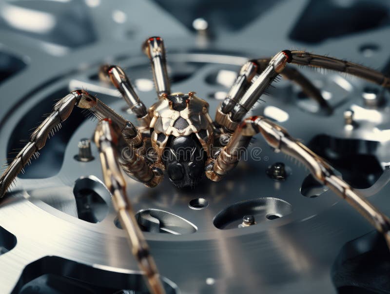 Detailed Close-up of a Metallic Spider on a Shiny Mechanical Surface ...