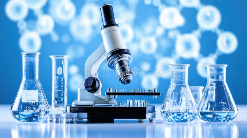 A Detailed Close-up of a Microscope Alongside Several Test Tubes Filled ...