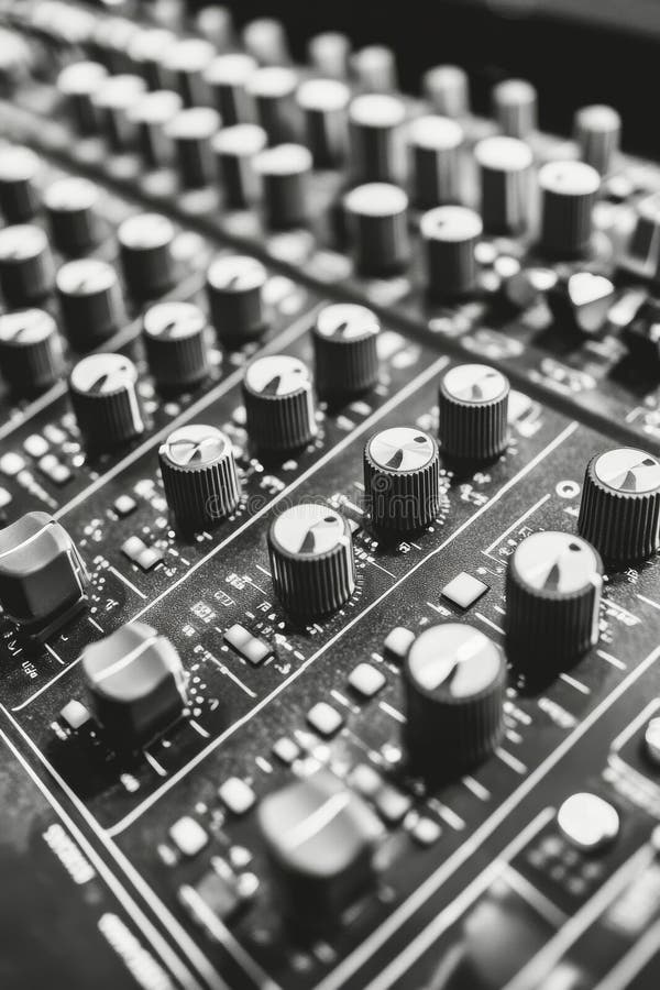 Detailed Close Up of a Mixing Console with Black Knobs Used in Music ...