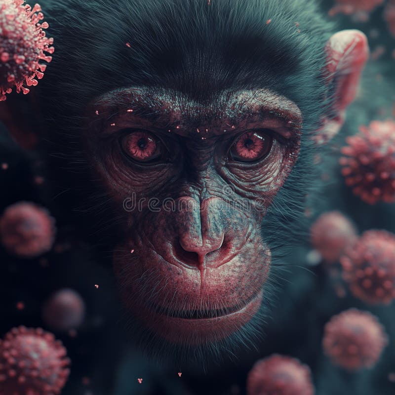A Detailed Close-up of a Monkey S Face Surrounded by Floating Virus ...