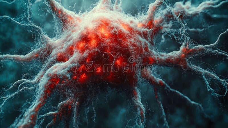 A Detailed Close-up of a Neuron with Glowing Red Nodes, Representing ...