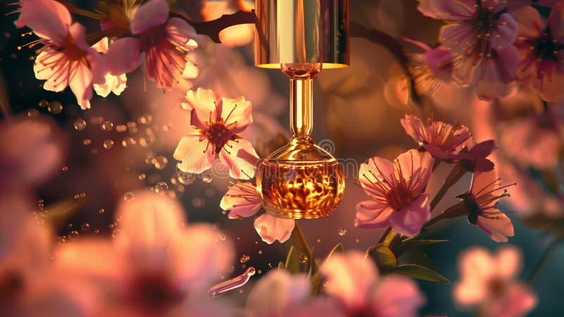 Golden Perfume Bottle Spring Blossoms Floral Design 3d Pink Soft Aroma ...