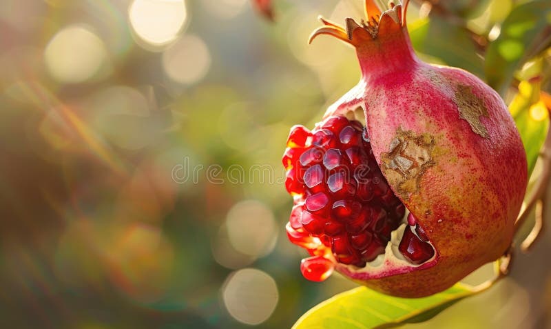 Detailed Close-up of a Pomegranate Split Open on the Tree Stock Photo ...