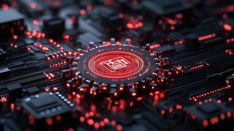 A Detailed Close-up of a Red Circuit Board with a Radiant Central Core ...