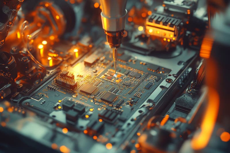 Detailed Close Up of Robotic Soldering on a Pcb Assembly in a High Tech ...
