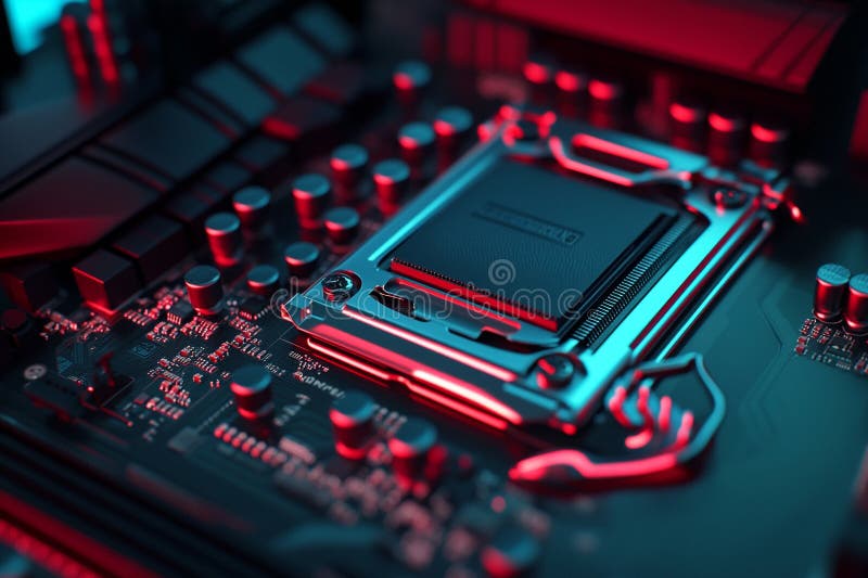 Close Up of Computer CPU Neon Lights Glowing Vibrant Red and Blue Stock ...