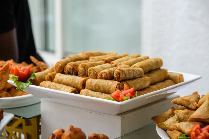 Close-Up of Crispy Spring Rolls on a Buffet Platter Stock Photo - Image ...