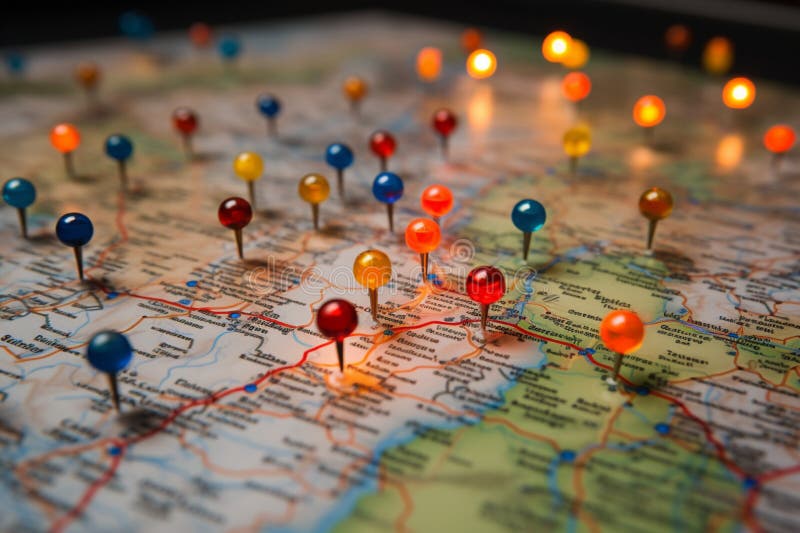 Detailed Close Up Showcases a Vibrant Array of Map Marking Colorful ...