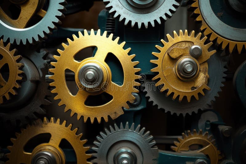 Intricate Arrangement of Golden and Silver Gears in a Mechanical ...