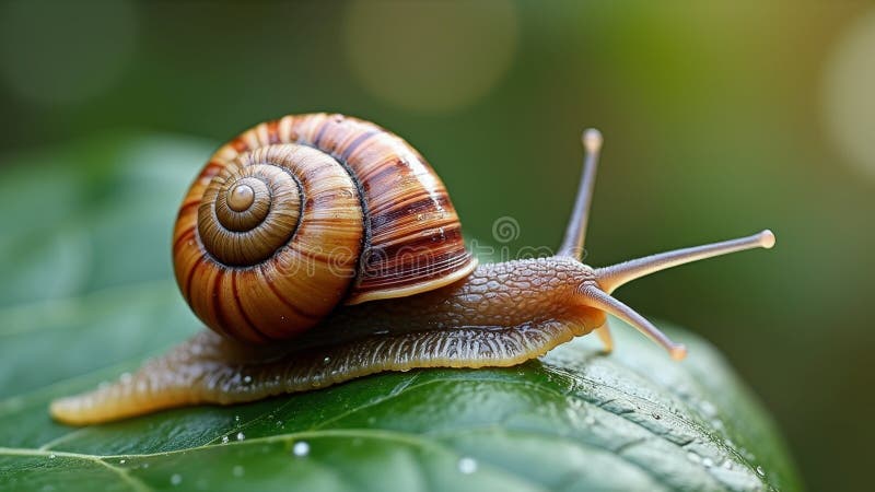 Detailed Close-up of Snail on Leaf with Shell Patterns in Natural ...