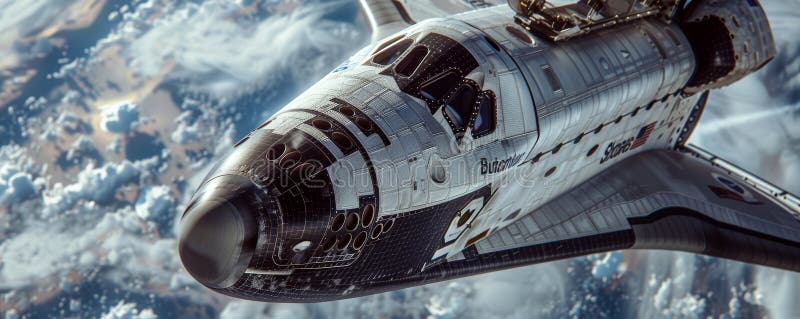Detailed Close-Up of a Space Shuttle Orbiting Earth with Clouds and ...