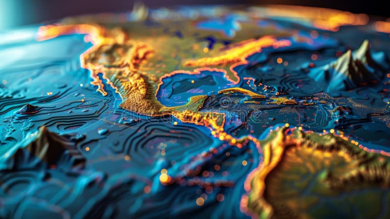Detailed Close Up View of a Blue and Yellow Map Showcasing Geographical ...