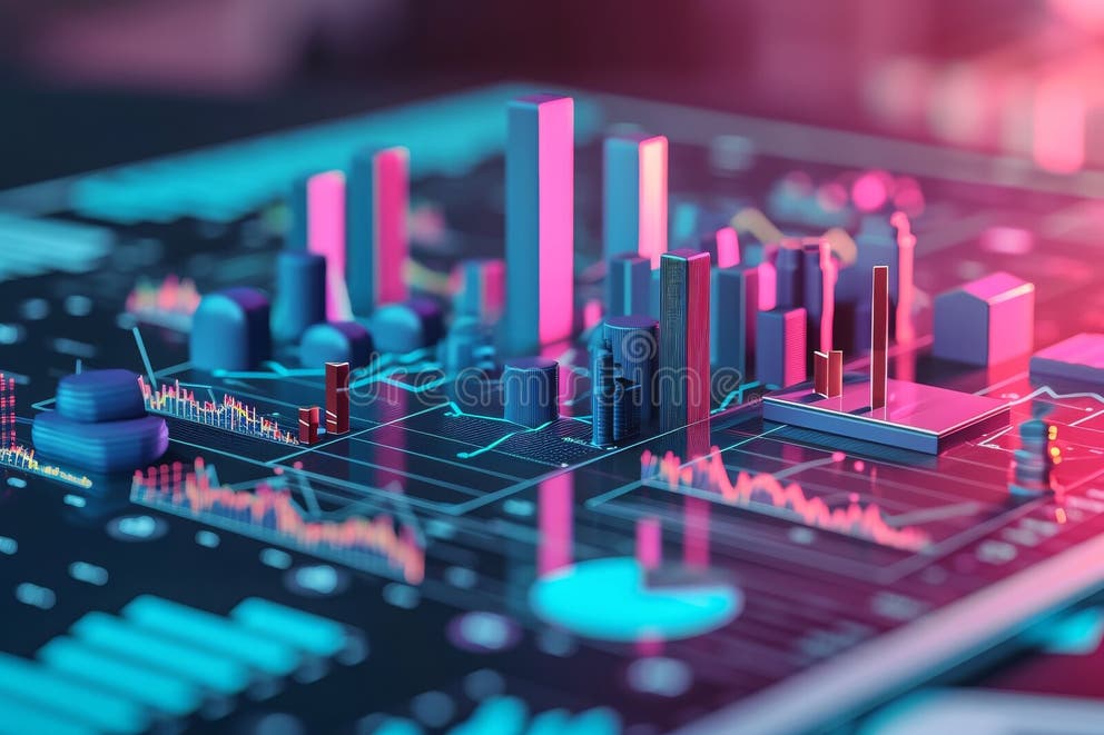 A Detailed Close-up View of a Computer Screen Displaying Various Graphs and Charts, a 3D Graph ...