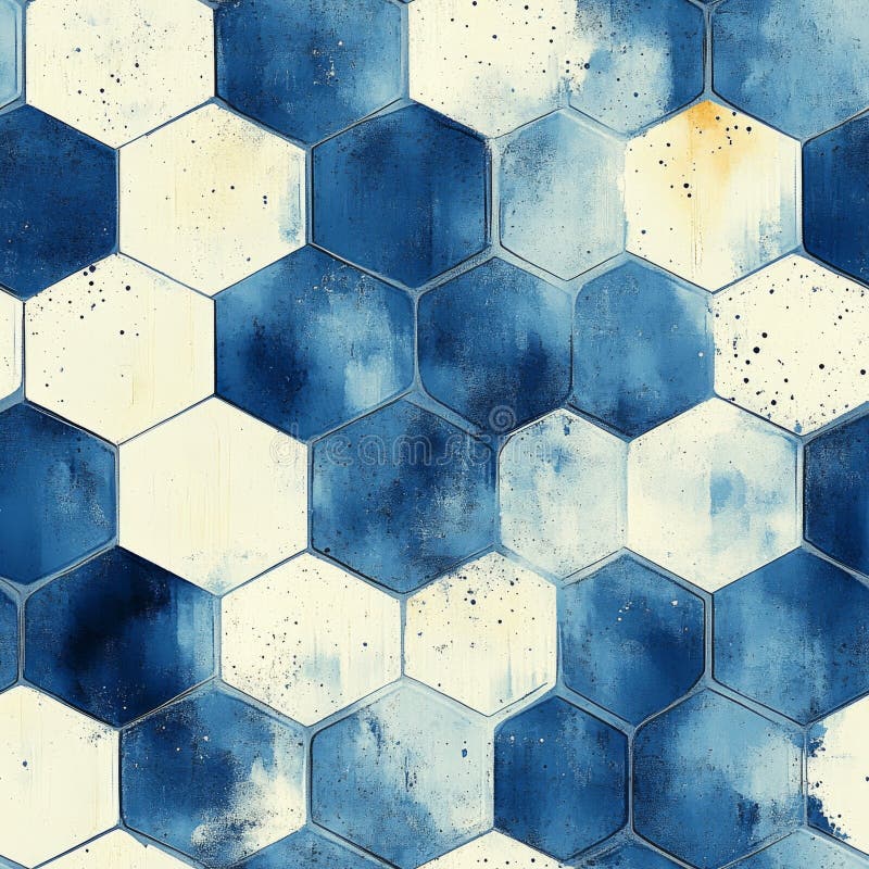 A Detailed Close Up View Showcasing a Blue and White Hexagon Tile ...