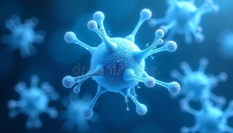 Closeup Rendering of Multiple Blue Virus Cells with Spikes on a Blue ...