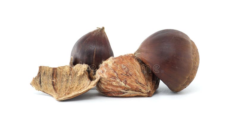 Close-Up Shot of Whole and Split Chestnuts on White Background Stock ...