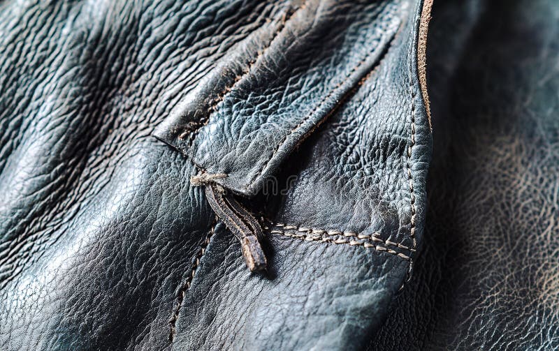 Detailed Close-up of a Worn Leather Jacket Showcasing Stitching and ...