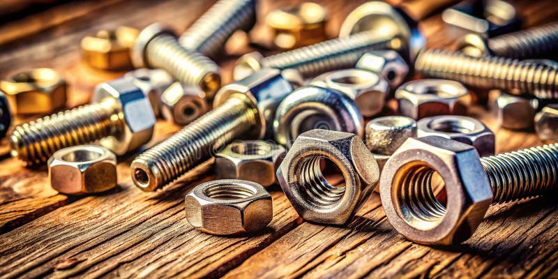 Detailed Closeup of Assorted Bolts Nuts and Fasteners on a Wooden ...