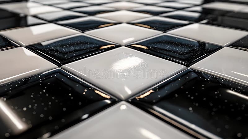 A Detailed Closeup of a Black and White Checkered Tile with a Glossy ...