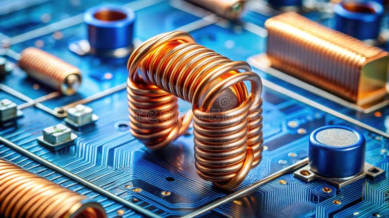 Detailed Closeup of Electronic Coil and Electrolytic Capacitor on a ...
