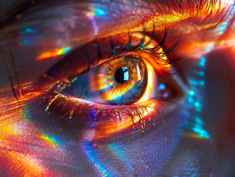 Detailed Closeup of an Eye Reflecting Vibrant, Multicolored Light ...