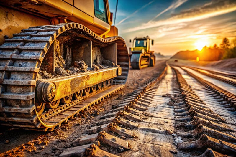 Detailed CloseUp of Heavy Machinery Tracks on a Road Construction Site ...