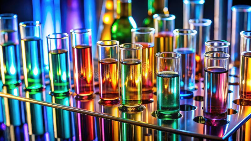 Detailed CloseUp of a Modern Laboratory Setup Glass Table Test Tubes ...