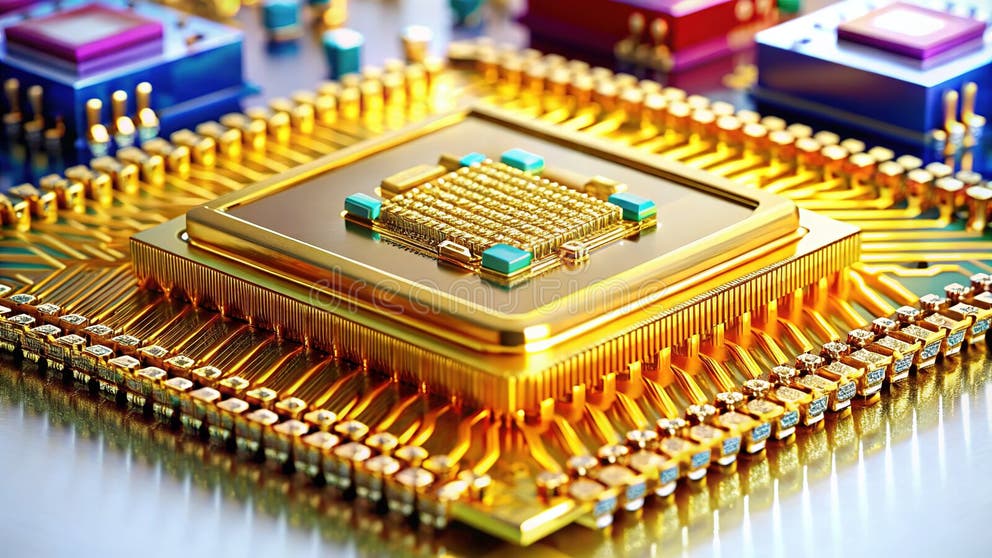 Detailed Closeup of a Modern Microchip with Gold Connectors a Glimpse ...