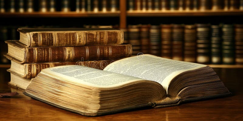 A Detailed Closeup of an Open Book Resting on a Table in a Library ...