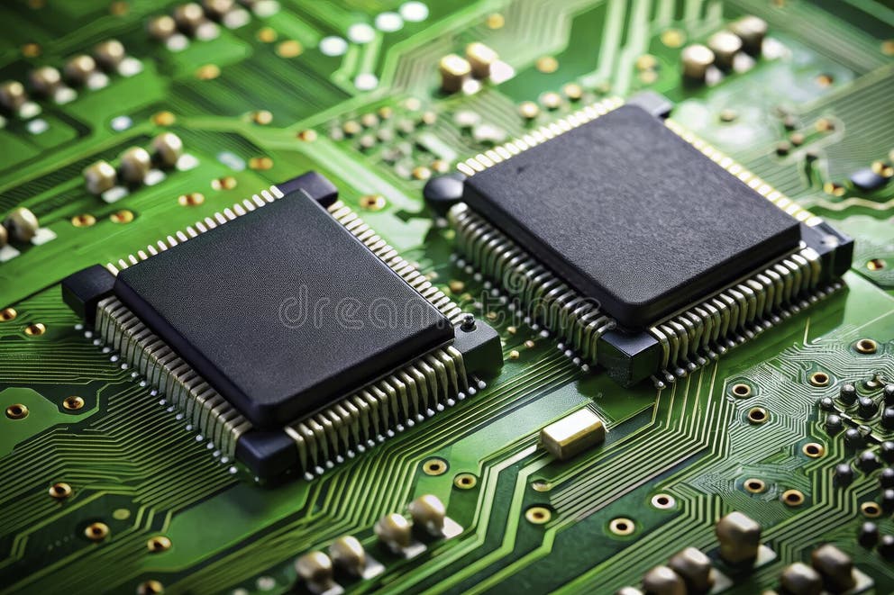Detailed CloseUp Photography of a Microchip PCB Assembly Process Wire Bonding Die Attachment and ...