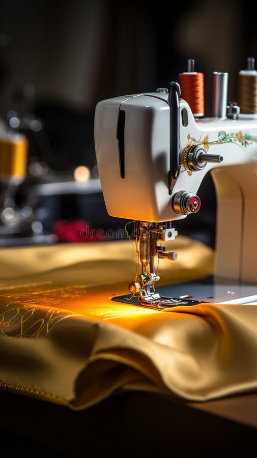 Detailed Closeup of a Sewing Machine at Work with Fabric and Threads ...