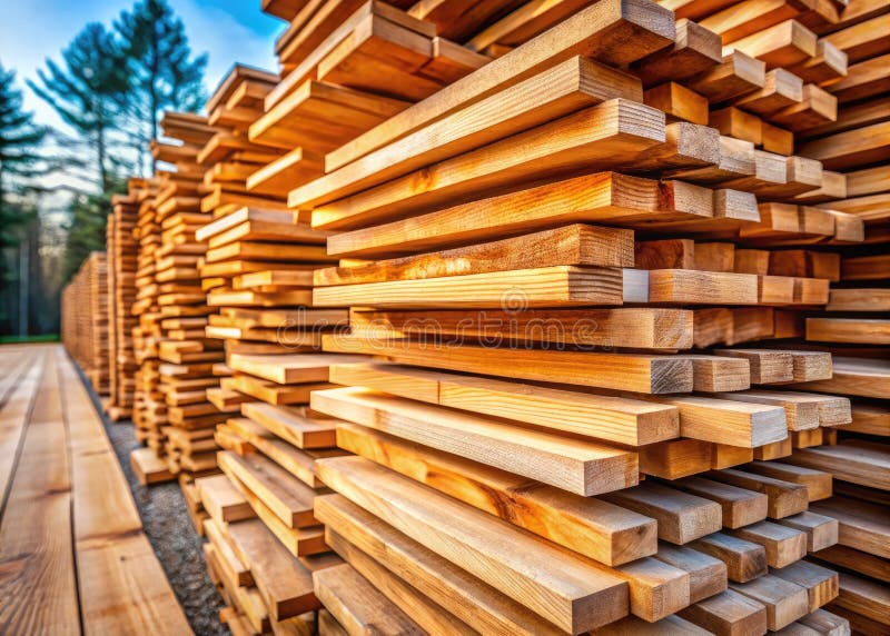 A Detailed CloseUp of Stacked Wooden Boards Rustic Timber Yard Texture ...