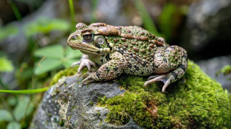 Toad Resting on Mossy Rock in Lush Greenery, Nature Wildlife Stock ...