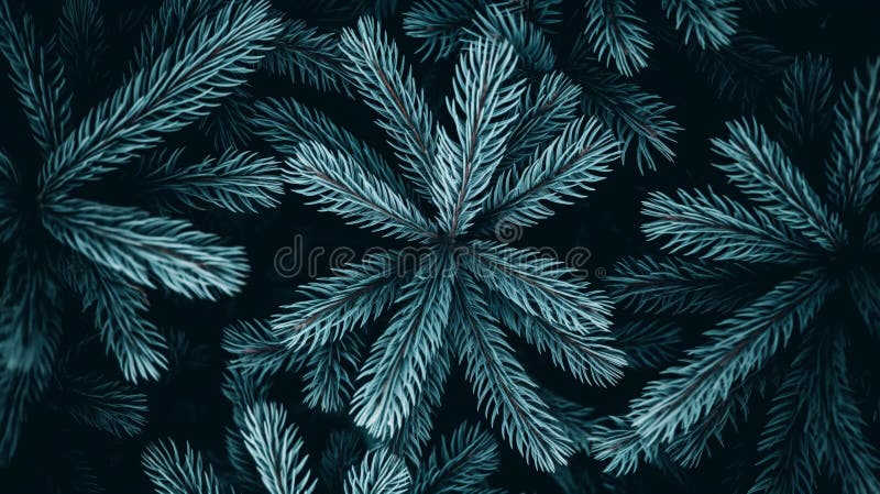 Detailed Closeup View of Pine Needles Evergreen Treetops in a Dark ...