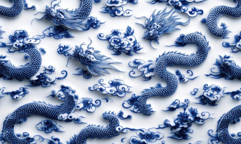 Detailed Cobalt Blue Chinese Dragons and Clouds Create a Seamless ...