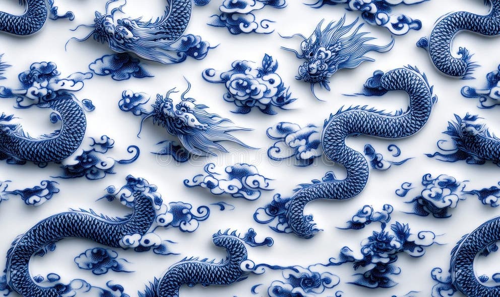 Detailed Cobalt Blue Chinese Dragons and Clouds Create a Seamless ...