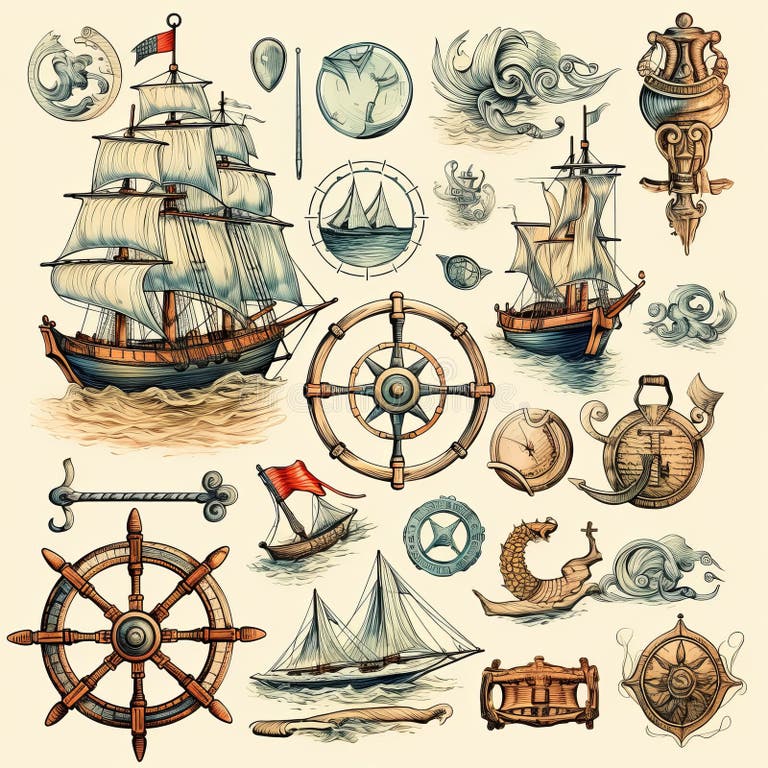 Detailed Collection of Vintage Ship and Nautical Elements Illustrations ...