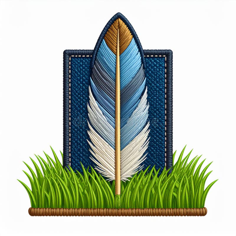 Detailed Colorful Feather Patch Design with Green Grass on White ...
