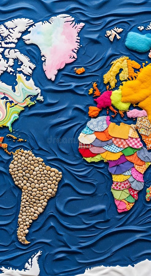 Detailed, Colorful World Map Artwork with Various Textures Represents ...