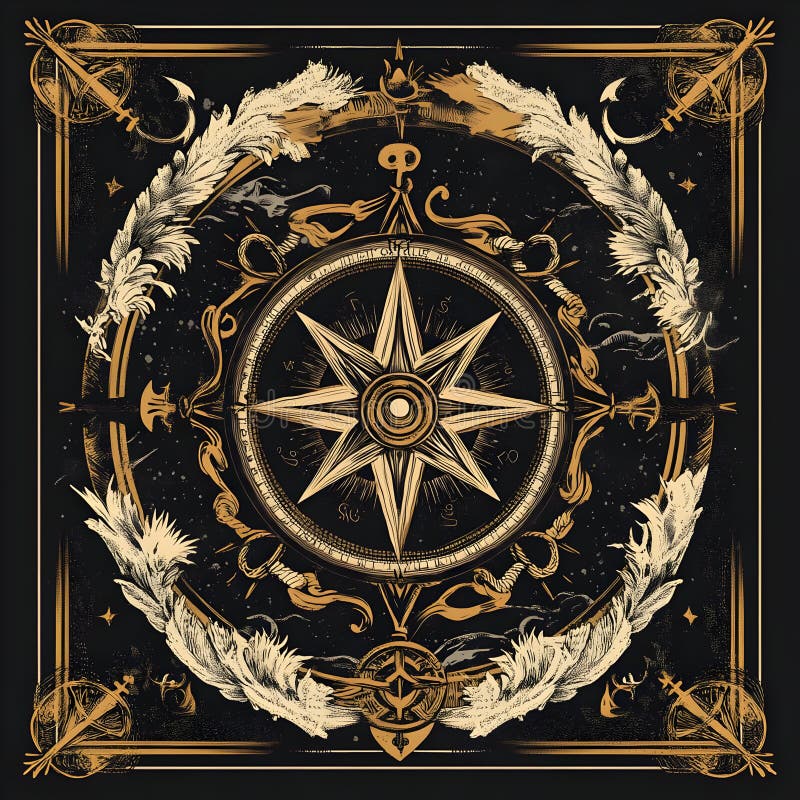 A Detailed Compass Design with Celestial Elements and Feathers on a ...