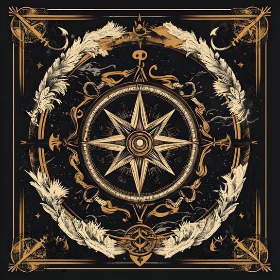 A Detailed Compass Design with Celestial Elements and Feathers on a ...