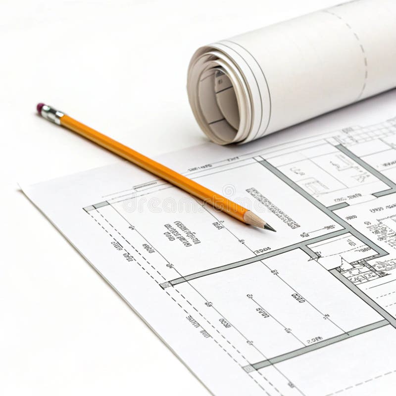Construction Blueprint with Pencil Isolated on White Background Stock ...