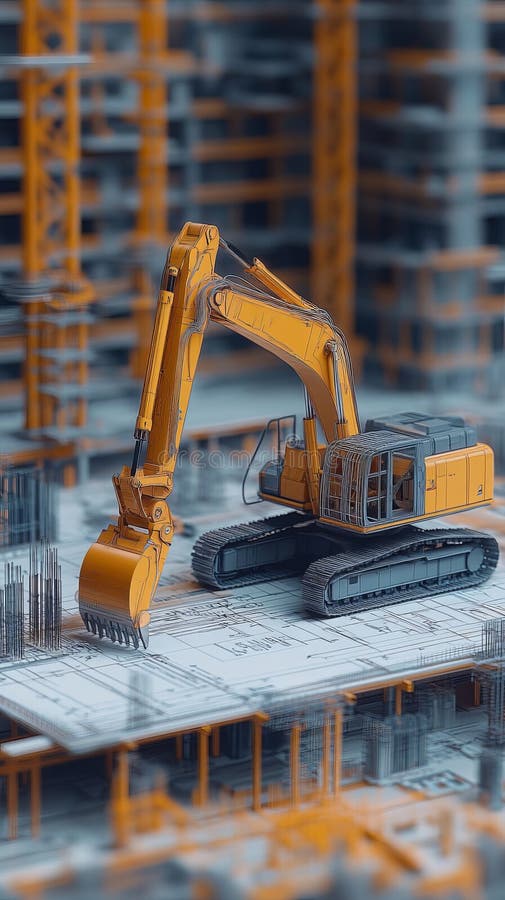 Detailed Construction Site Model Featuring Yellow Excavator, Showcasing ...