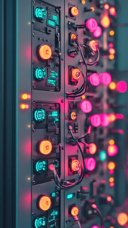 Detailed Control Panel with Many Glowing Buttons. System Monitoring and Control. Complex Wired ...