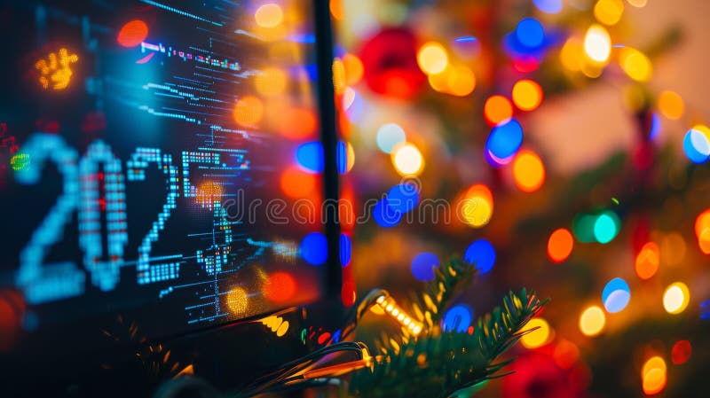 Detailed 2025 Countdown on LED Screen with Holiday Lights Stock Image ...