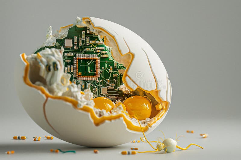 Close-Up of a Cracked Egg Revealing Embedded Technology and Circuitry ...