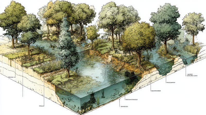 Detailed Cross-Section of Forest Ecosystem with Water Features Stock Illustration - Illustration ...