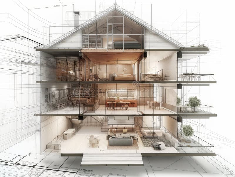 Modern House Cross-Section with Interior Design and Architectural Plans ...