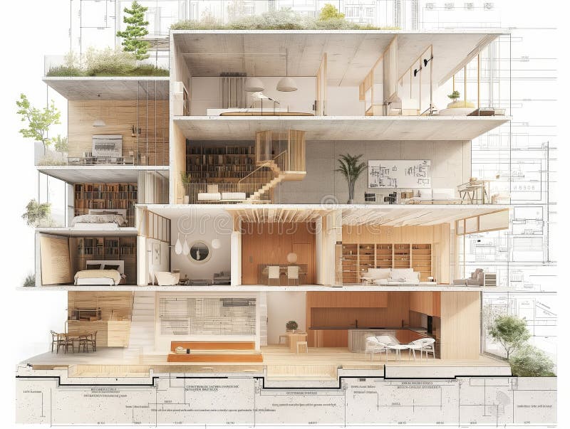 Modern Multi-Level Home Cross-Section with Interior Design Stock Photo ...